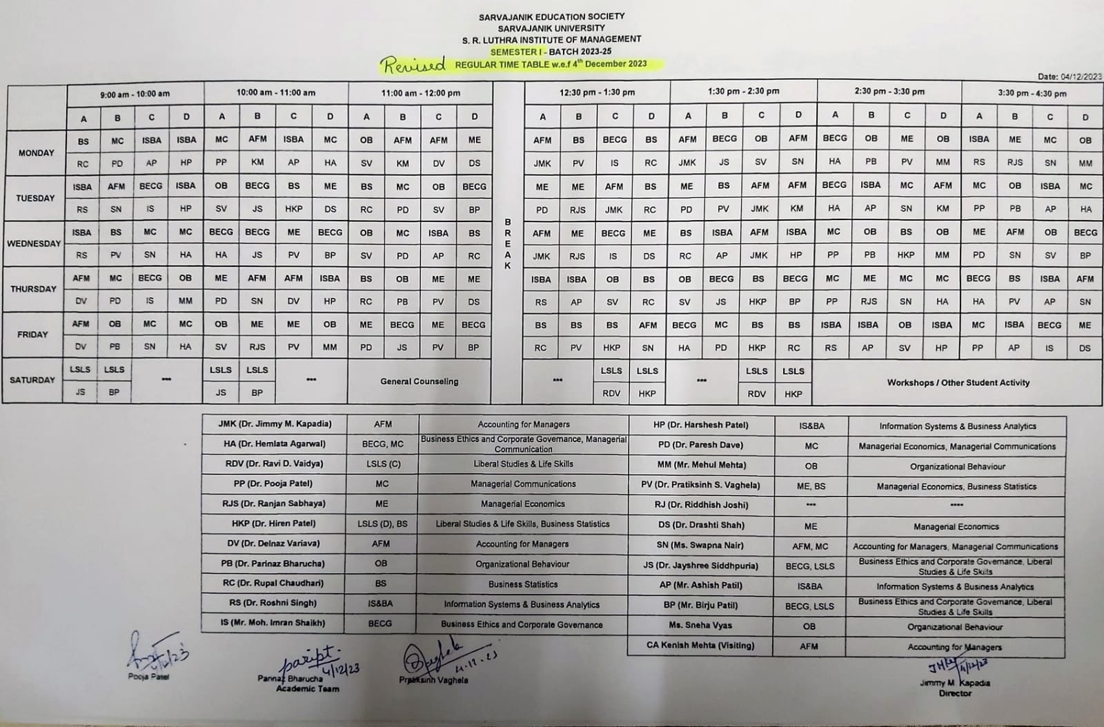 Classes Time Table - S. R. Luthra Institute of Management
